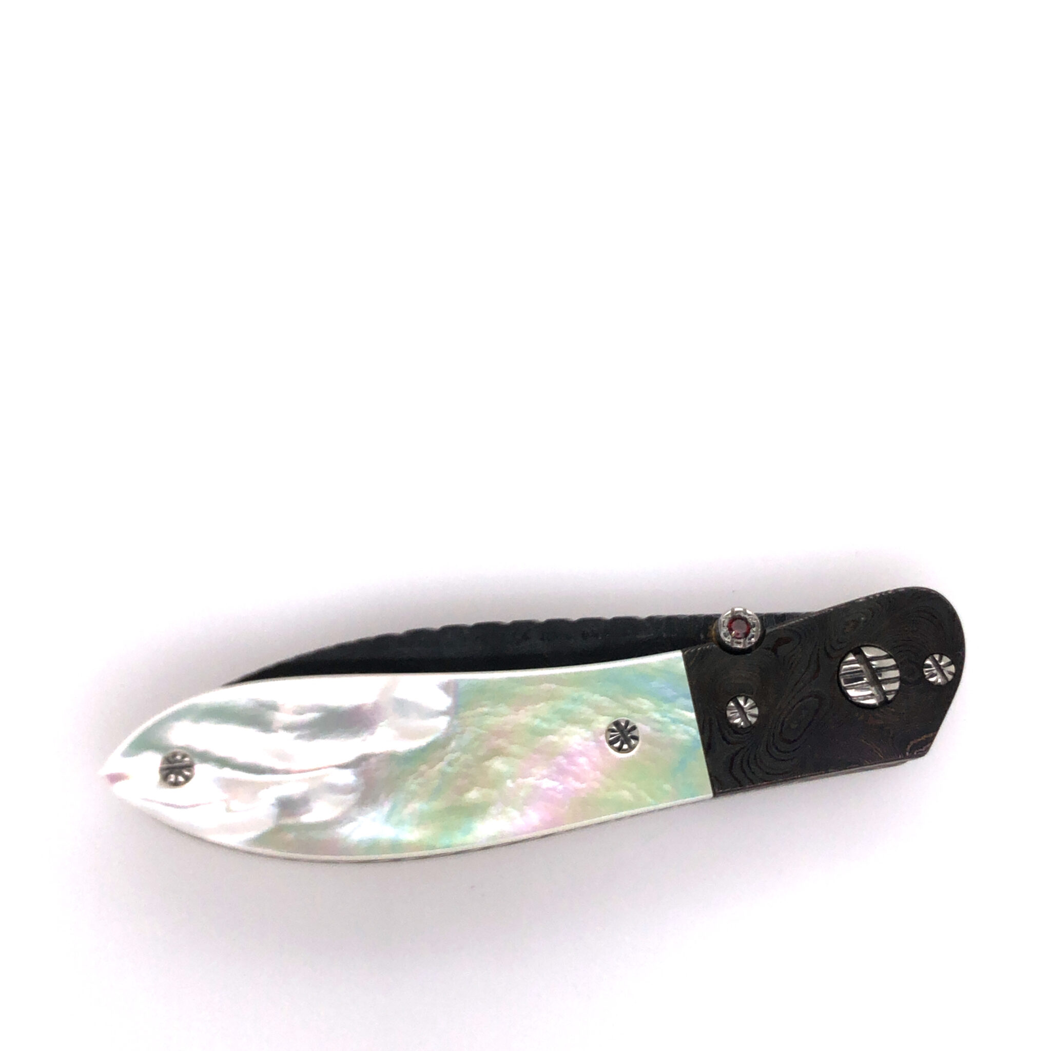 Steve Hill Mother of Pearl Handle Folding Knife with Garnet Thumb Stud ...