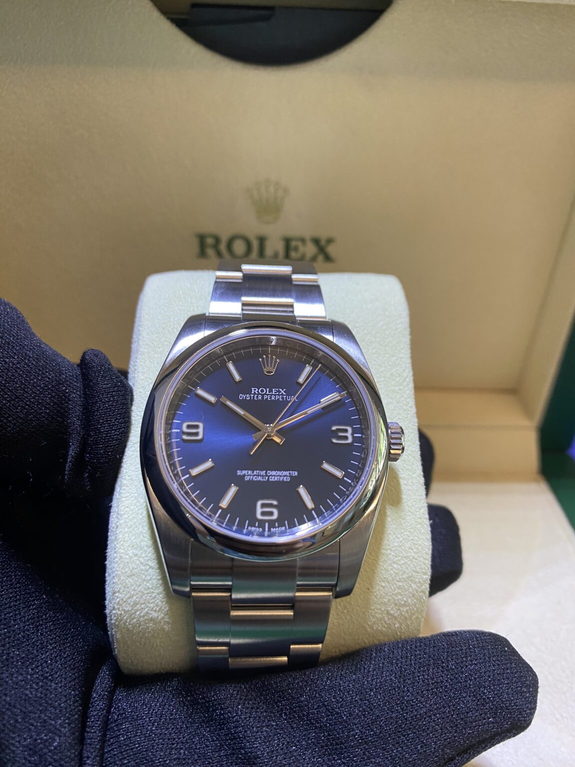 Rolex Oyster Perpetual Blue Dial Arabic Numeral - deBella